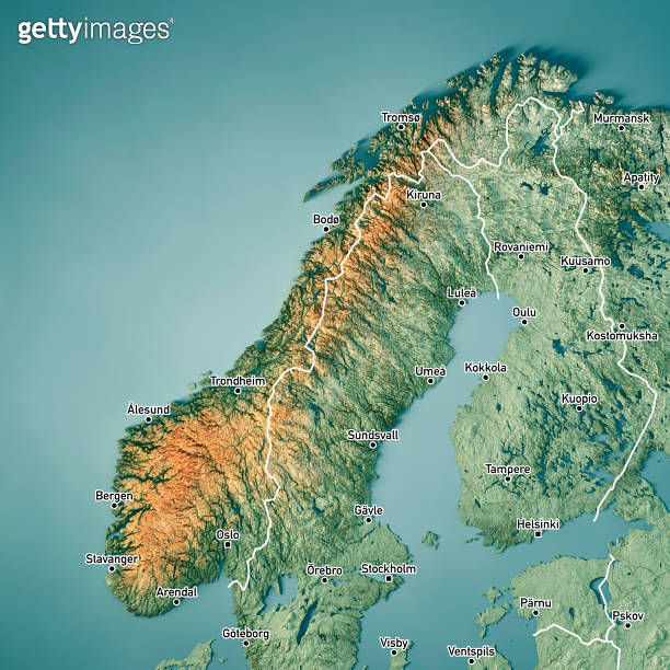 Norway 3D Render Topographic Map Color Border Cities (1256627439) - 게티이미지뱅크
