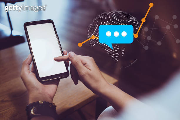 Women hand using smartphone typing, chatting conversation in chat box ...