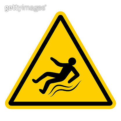 Yellow warning sign with a falling slipping person, vector sign of ice ...