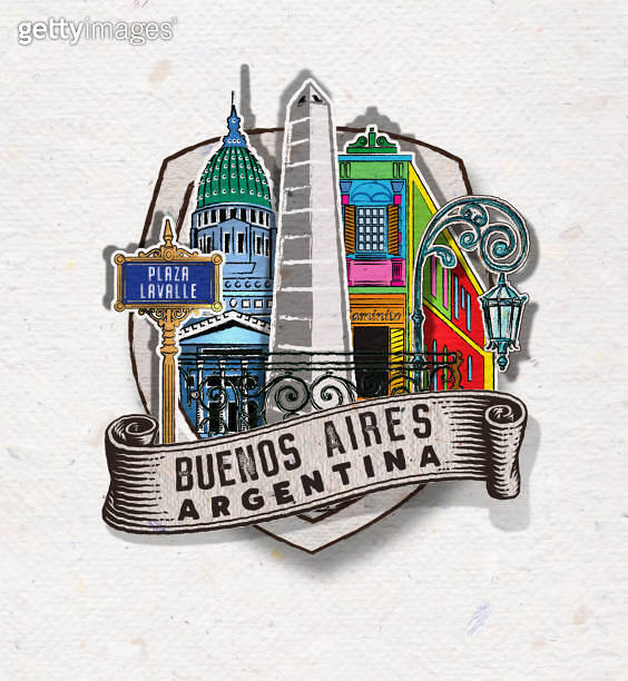 Badge of Buenos Aires Argentina with important buildings and symbols ...