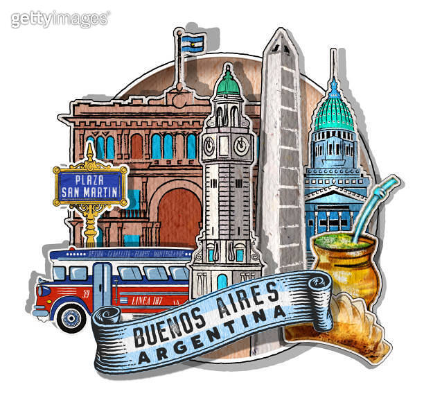 Buenos Aires Argentina drawing with important buildings and symbols 이미지 ...
