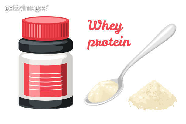 Whey protein in bottle Isolated on white background. Spoon with whey ...