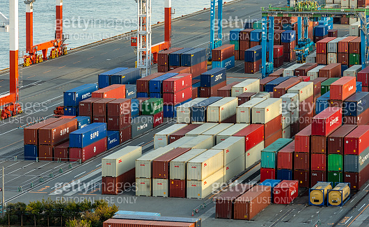 Container terminal in the Port of Osaka, the main port in Japan, in ...