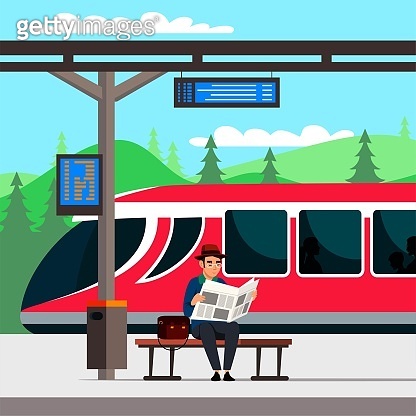 Man waiting train with bag and newspaper on raiway station. Cartoon ...