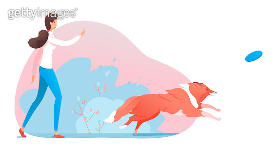 Woman throwing flying plate and dog running for it (1208585907) 일러스트 ...