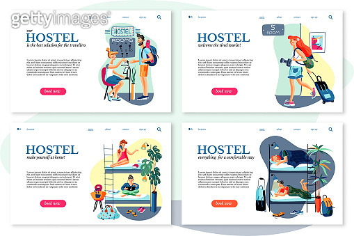 Room booking flat vector sitepages set. Hostel receptionist and lodgers ...