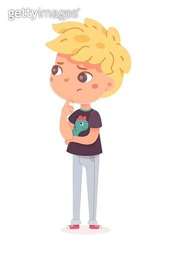 Confused kid thinking and looking puzzled. Thoughtful boy touching head ...