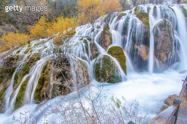 View of scenic wooden mountains and Lake landscape Jiuzhai Valley ...