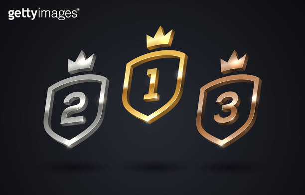 Set of rank emblems - gold, silver, bronze. Shield with rank number and ...