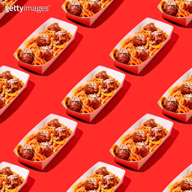 Creative seamless pattern of spaghetti and meatballs with tomato sauce ...