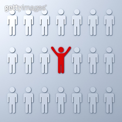 One red man standing with arms wide open among other people on white ...