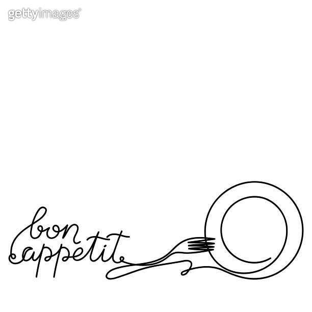 Continuous linear drawing of the plate , fork and the inscription Bon ...