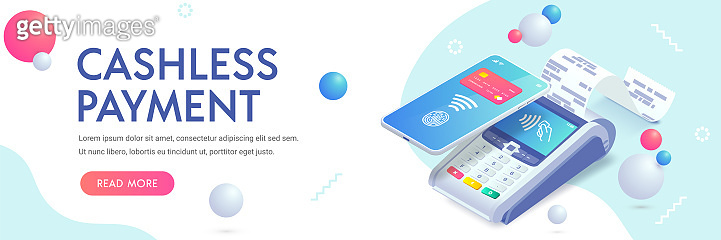 Cashless payment via smartphone isometric abstract banner concept. 3d payment machine, mobile ...