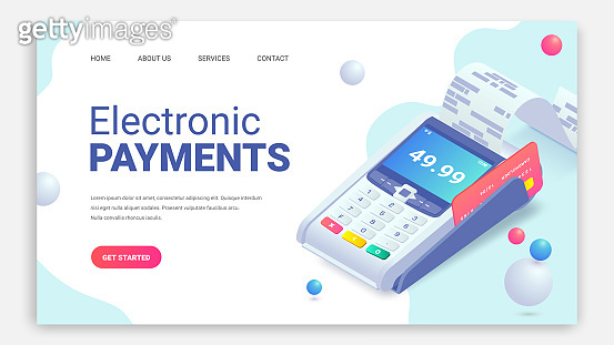 Electronic payments via credit card isometric web page concept with 3d payment machine, plastic ...