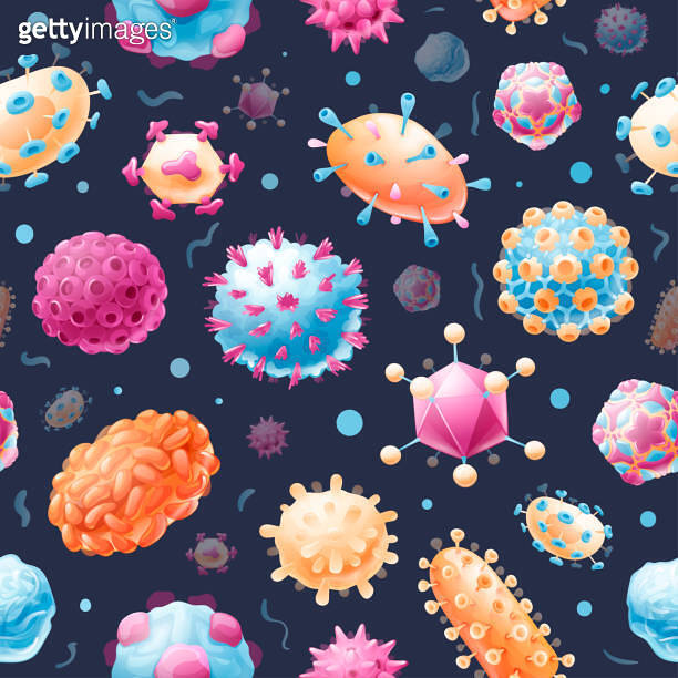 Seamless pattern with common viruses. Microbiology, models of pathogens ...