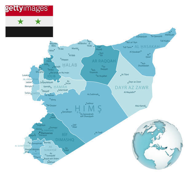 Syria administrative blue-green map with country flag and location on a ...