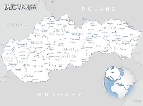 Blue-gray detailed map of Slovakia administrative divisions and ...