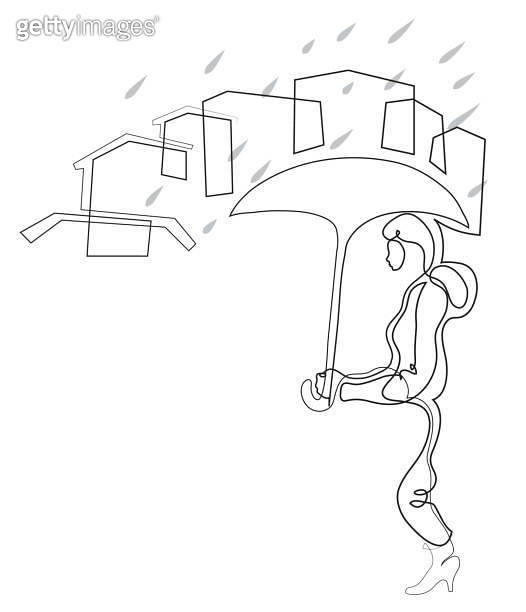 Simple one line drawing of rainy weather. 이미지 (1271607093) - 게티이미지뱅크
