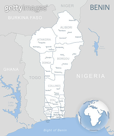 Blue-gray detailed map of Benin administrative divisions and location ...