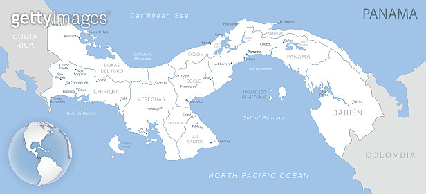 Blue-gray detailed map of Panama administrative divisions and location ...