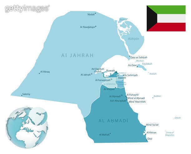 Kuwait administrative blue-green map with country flag and location on ...