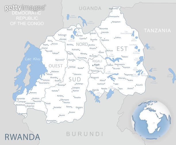 Blue-gray detailed map of Rwanda administrative divisions and location ...