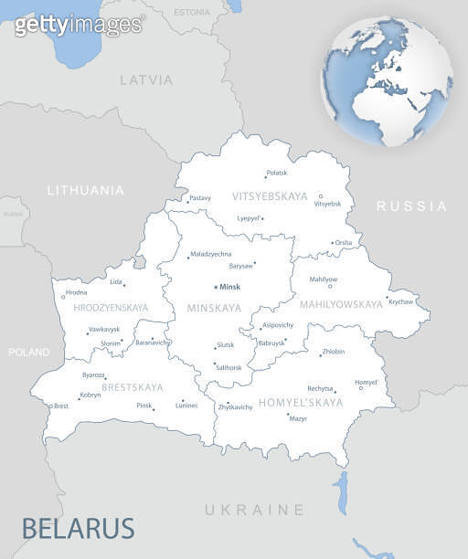 Blue-gray detailed map of Belarus and administrative divisions and ...