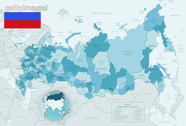 Blue-green detailed map of Russia administrative divisions with country ...