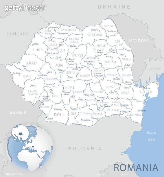Blue-gray detailed map of Romania administrative divisions and location ...