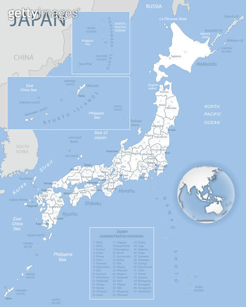 Blue-gray detailed map of Japan with administrative districts and ...