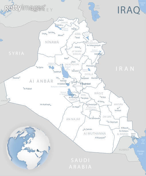 Blue-gray detailed map of Iraq administrative divisions and location on ...