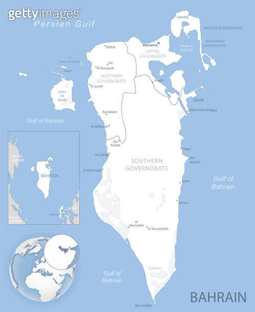 Blue-gray detailed map of Bahrain administrative divisions and location ...