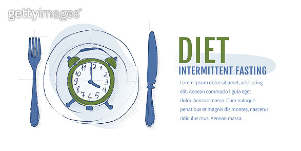 Intermittent fasting diet concept. Line drawing of fork, knife and ...