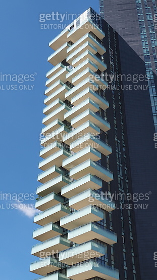Milano, Italy. Group of terraces of modern buildings with a ...