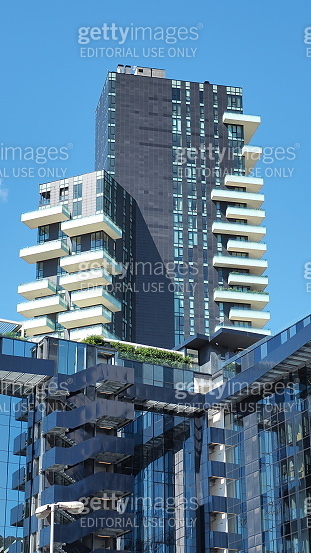 Milano, Italy. Group of terraces of modern buildings with a ...