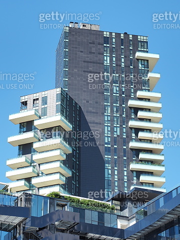 Milano, Italy. Group of terraces of modern buildings with a ...