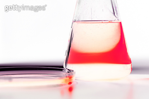 Petri dish and retort with red chemical reagent (1213805558) - 게티이미지뱅크