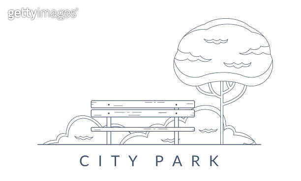 City park outline background. Garden landscape with bench and tree ...