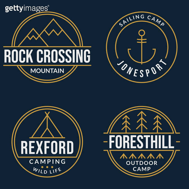 Camp label set. Camping badges with forest, mountain and tourist tent ...