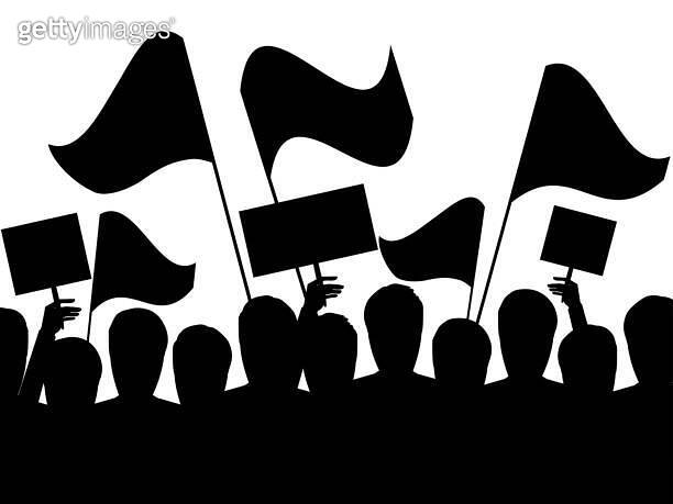 People protest, black outline of people with flags on a white ...