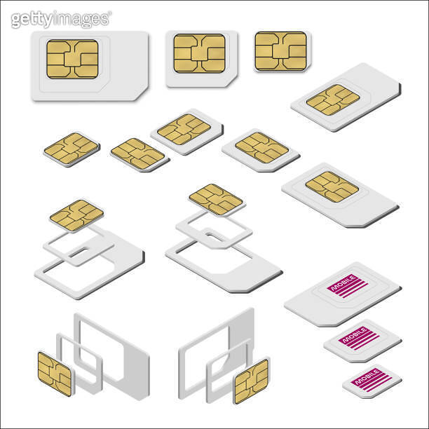 Three Types of SIM Card - Standard, Micro and Nano. Top and Isometric ...