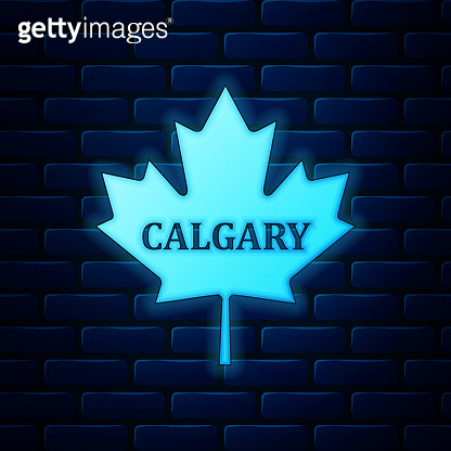 Glowing neon Canadian maple leaf with city name Calgary icon isolated ...