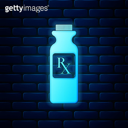 Glowing neon Pill bottle with Rx sign and pills icon isolated on brick ...