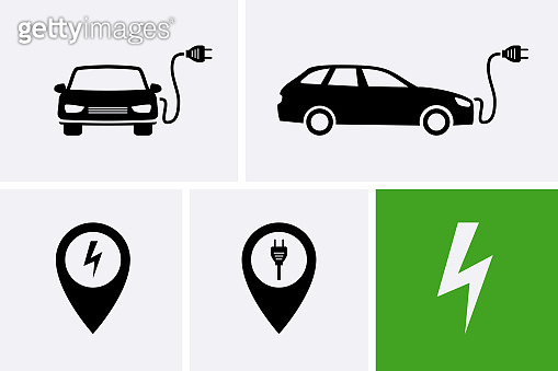 Electric car charging, engine, battery Icons set, electric motor ...