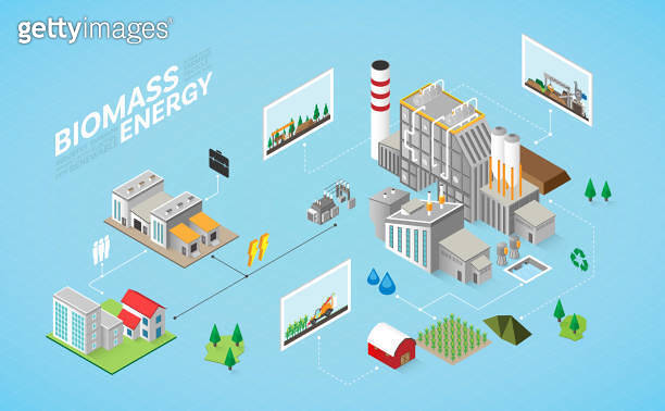 biomass energy, biomass power plant with isometric graphic (1270021085) 일러스트, 무료 일러스트 - 게티이미지뱅크