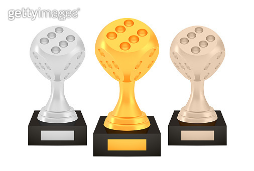 Winner dice awards set, gold silver bronze trophy cups on stands with ...