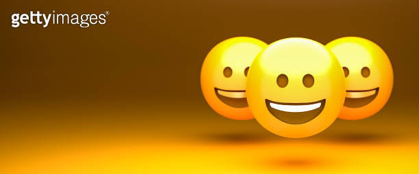 Three 3d grinning face emoji smileys with open eyes and a broad open ...