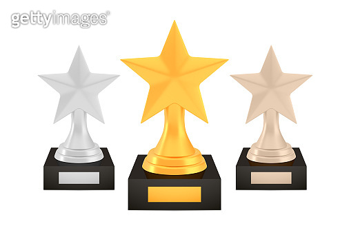 Winner star awards set, gold silver bronze trophy cups on stands with ...