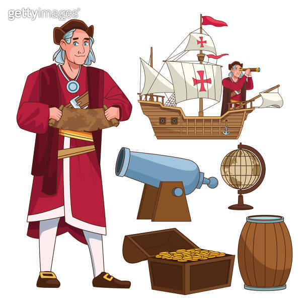 Columbus day celebration scene of christopher lifting paper map and set ...