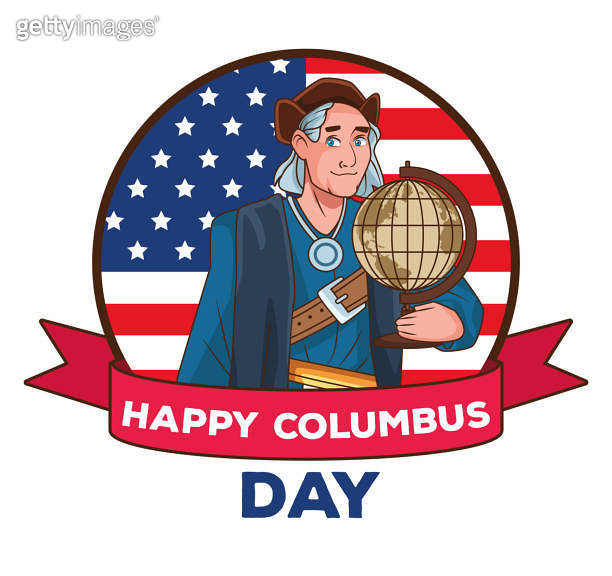 Columbus day celebration scene of christopher lifting world map and usa ...